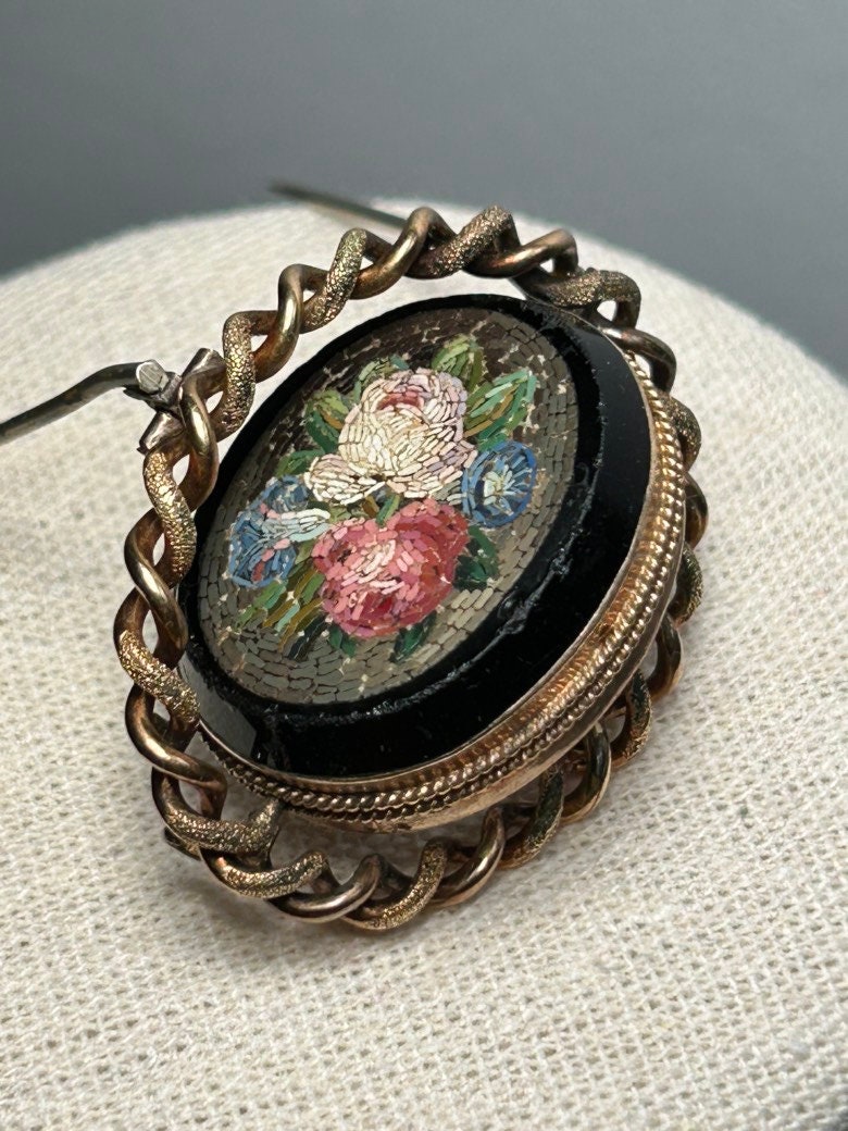 Gold Micro-mosaic Mourning Brooch: 19th Century Floral Hair Braid ...