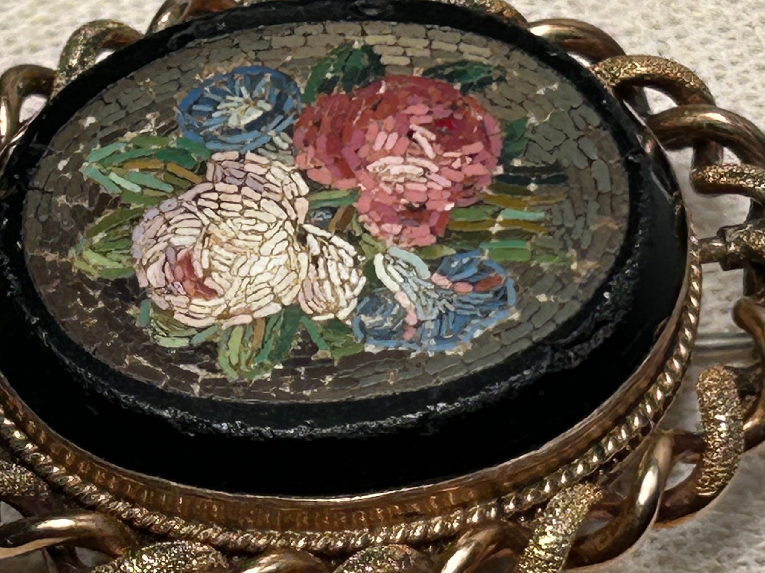 Gold Micro-mosaic Mourning Brooch: 19th Century Floral Hair Braid ...