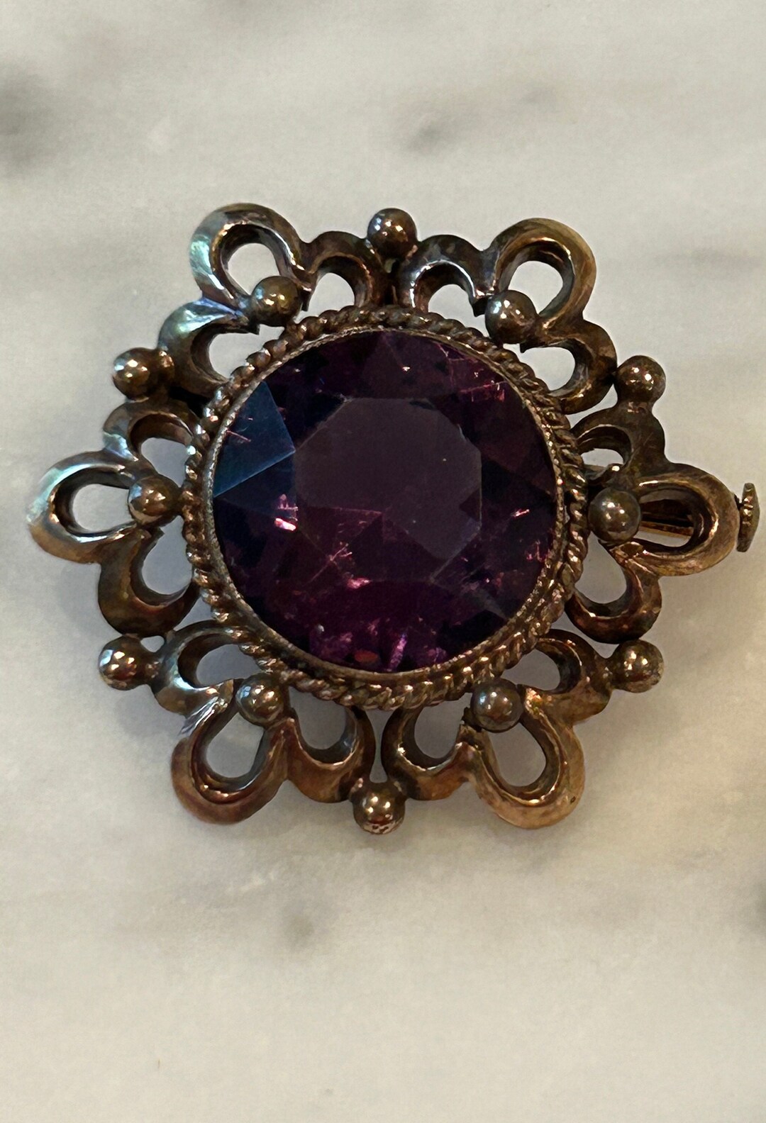 Antique French Brooch With Gorgeous Purple Center Glass and Ornate Gold ...