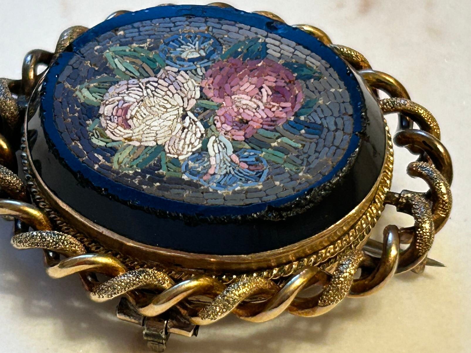 Gold Micro-mosaic Mourning Brooch: 19th Century Floral Hair Braid ...