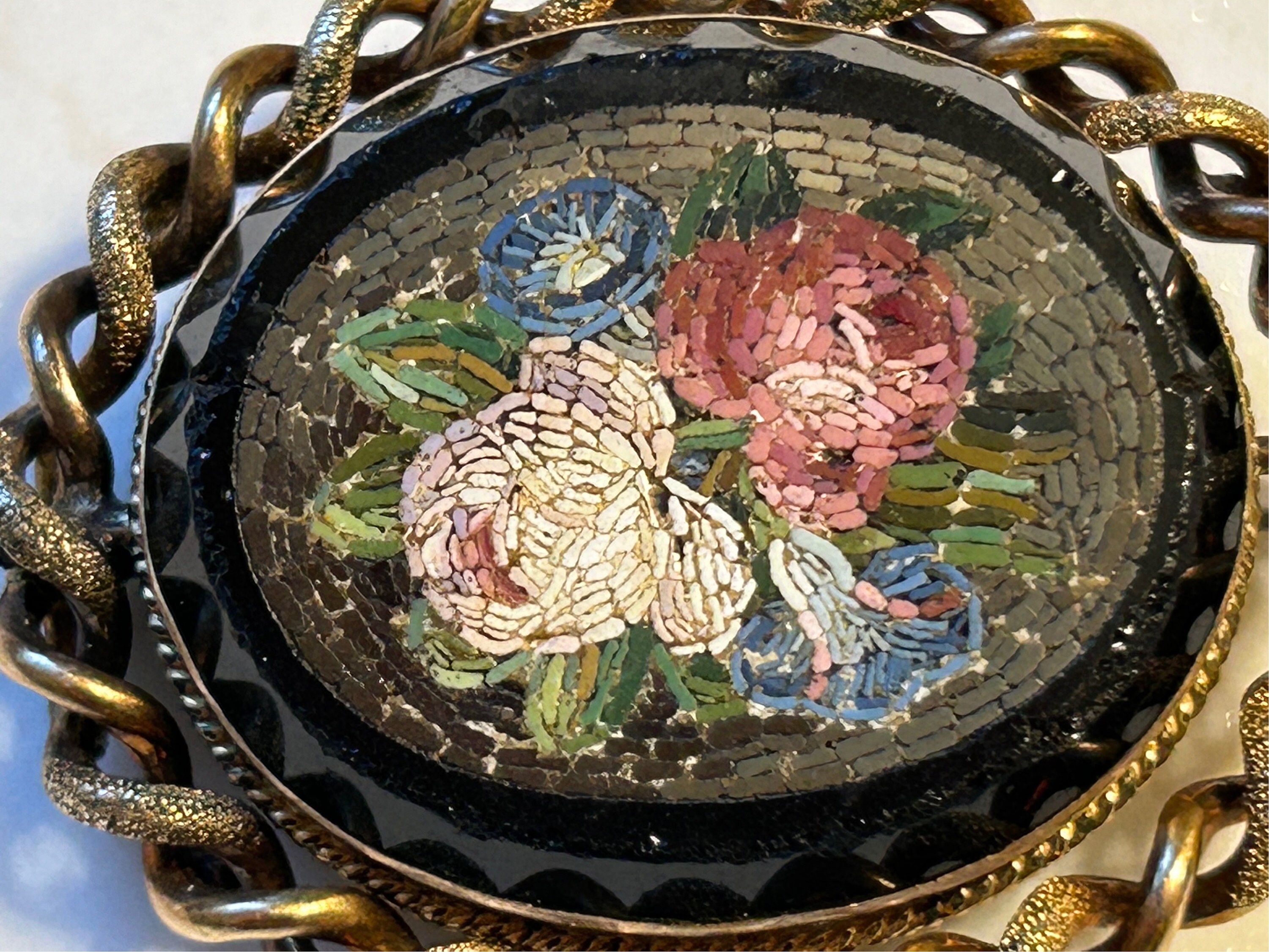 Gold Micro-mosaic Mourning Brooch: 19th Century Floral Hair Braid ...