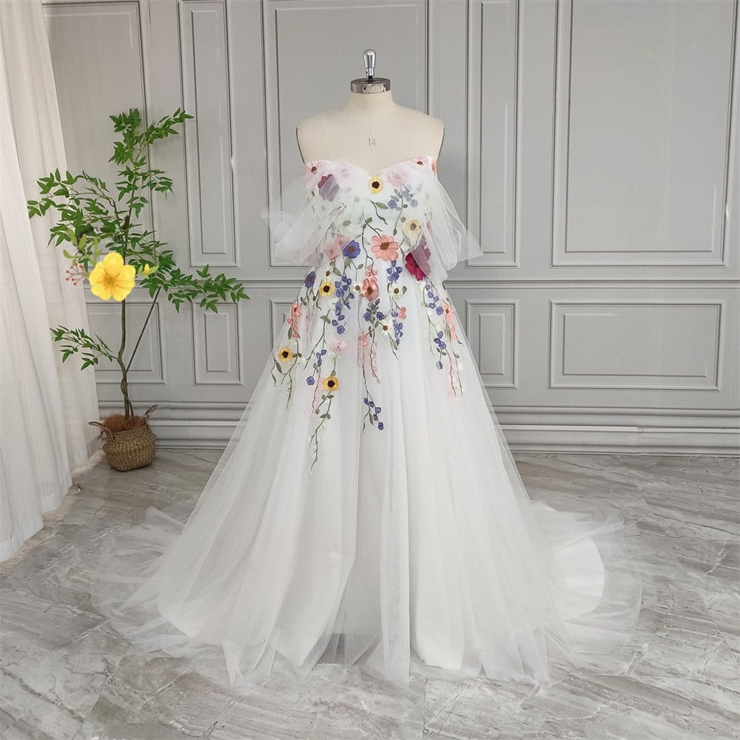 Wedding Dress Colorful Flowers Embroidery Lace Wedding Dress Women off ...
