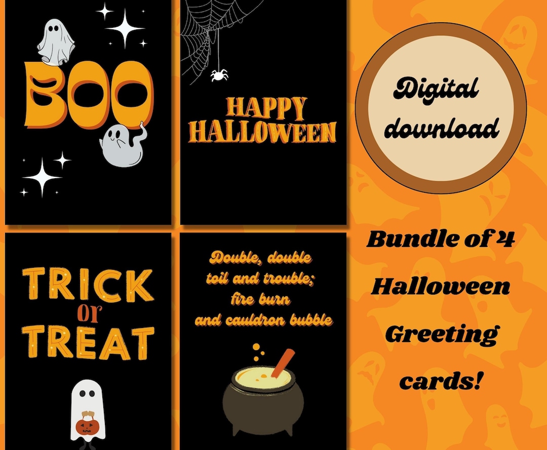 BUNDLE of 4 Halloween Greeting Cards Instant Download 7x5 Inch Cards ...