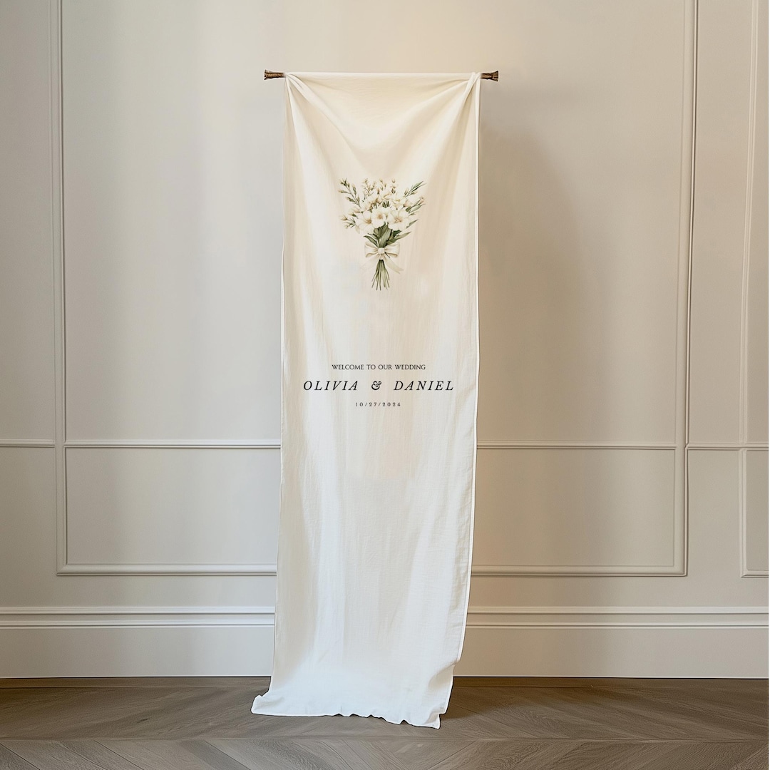 Linen Wedding Sign, White Welcome Sign, Chiffon Fabric Wedding Banner ...