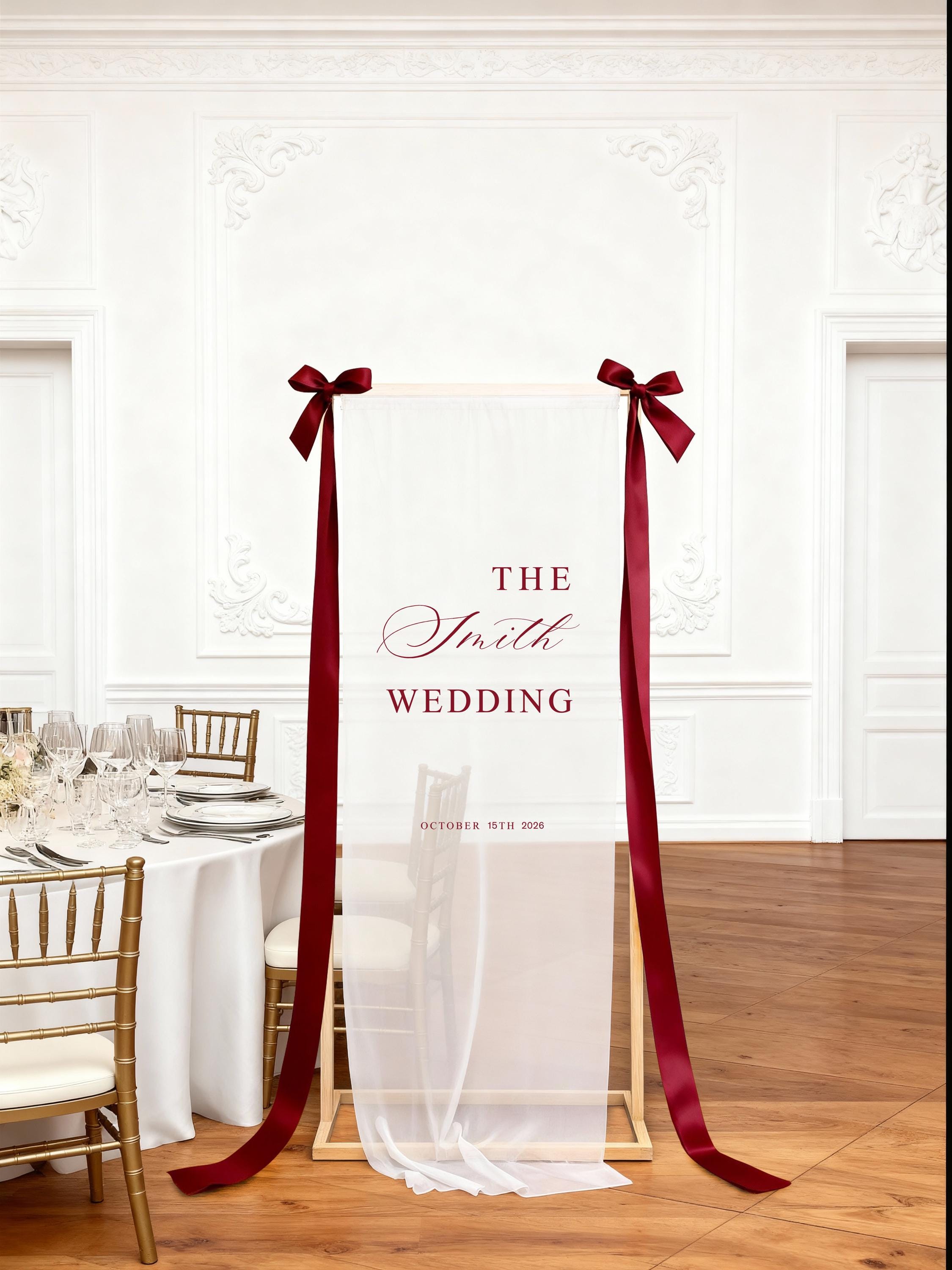 Luxury Burgundy Wedding Welcome Sign, Fabric Banner With Ribbons ...