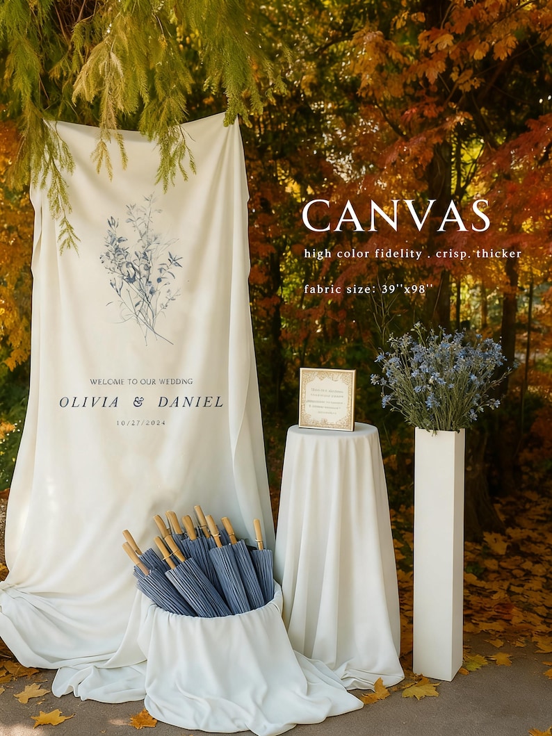 Linen Wedding Sign: Floral Fabric Banner, Destination Wedding Decor ...