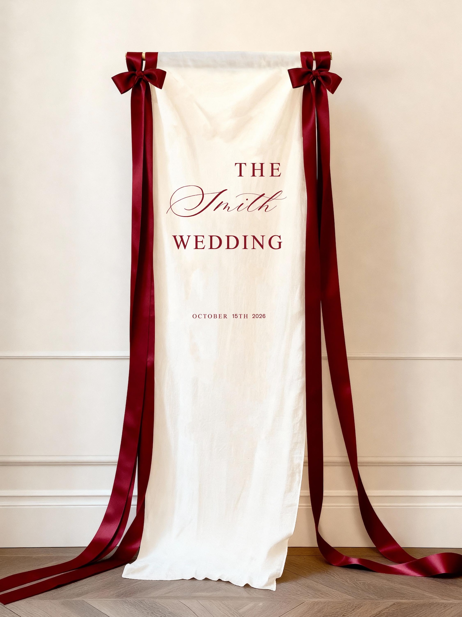 Luxury Burgundy Wedding Welcome Sign, Fabric Banner With Ribbons ...