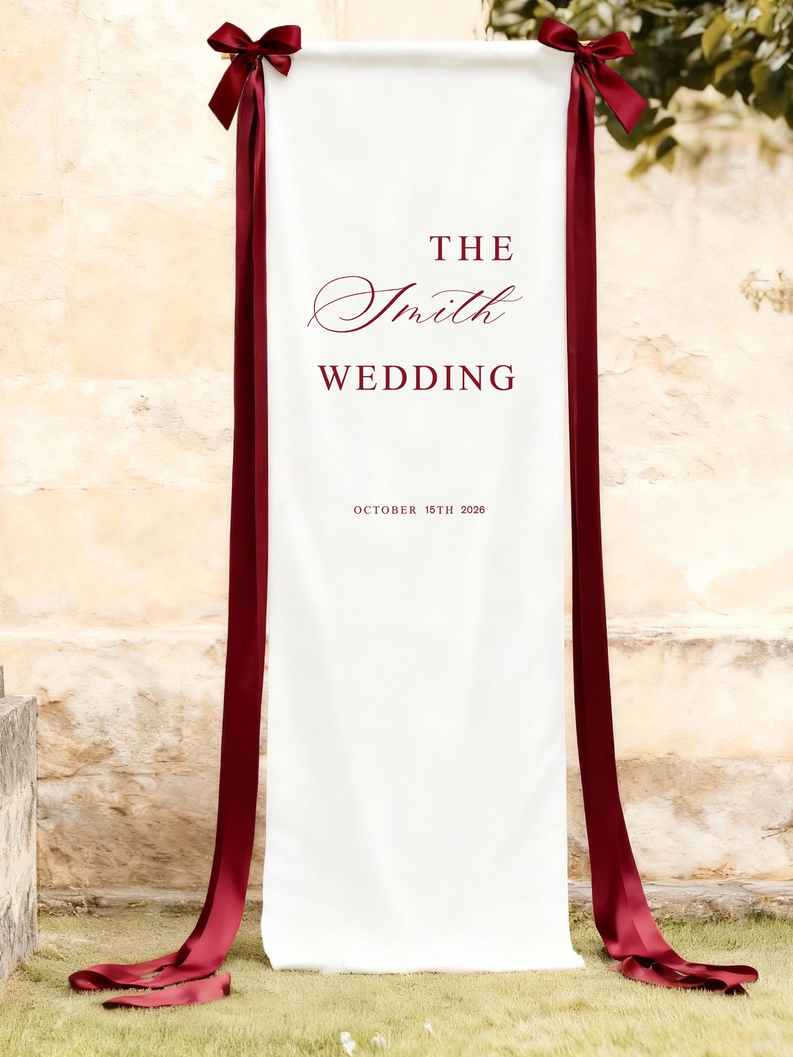 Luxury Burgundy Wedding Welcome Sign, Fabric Banner With Ribbons ...