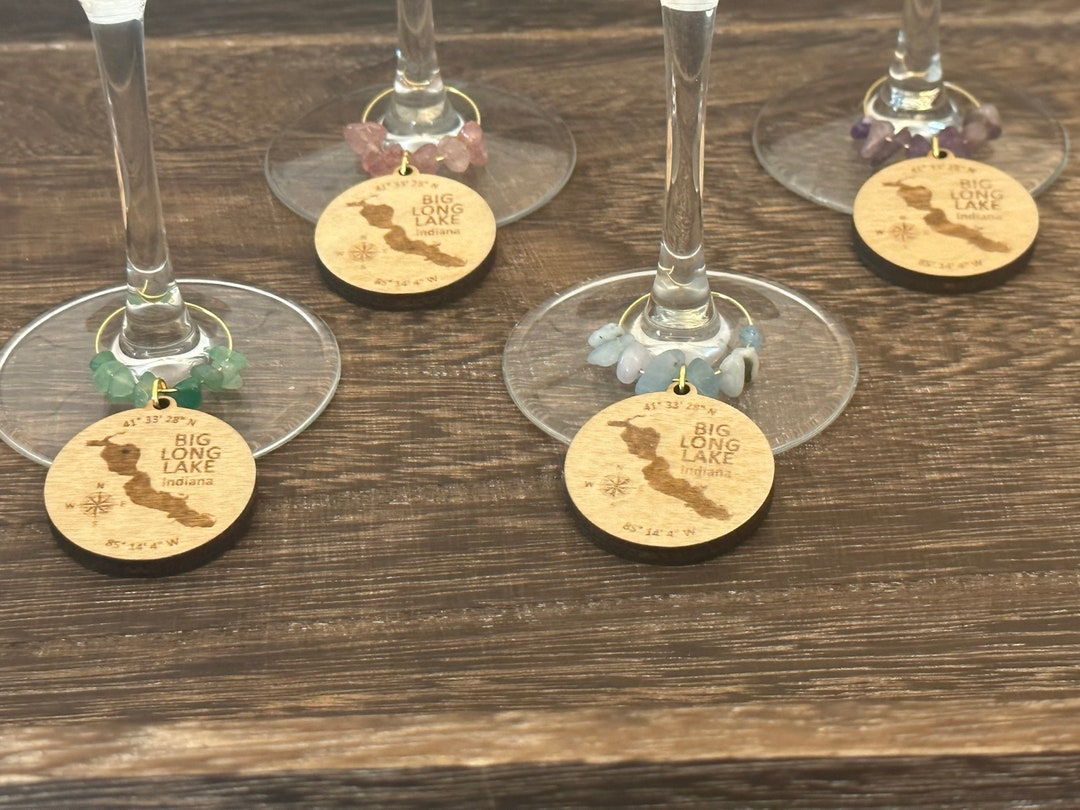 Custom Lake Wine Charms: Engraved Wood, Gemstone Accent - Etsy