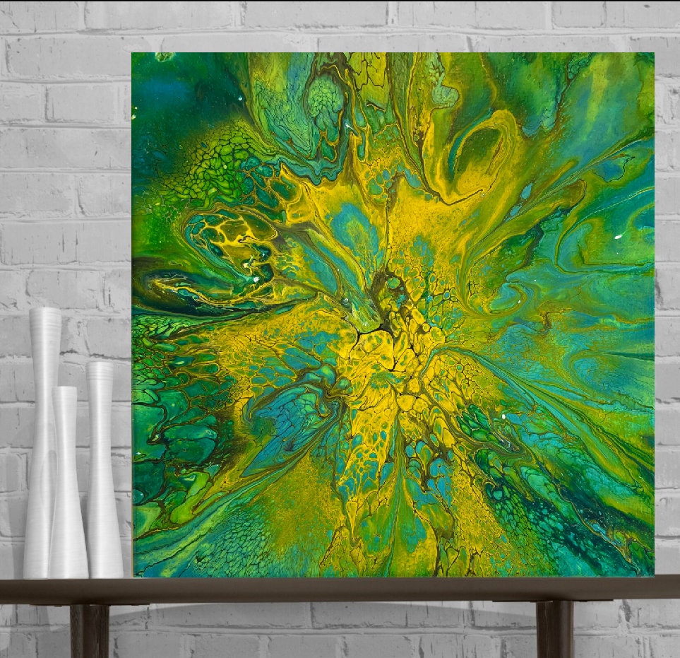 Green & Blue Acrylic Pour Painting/shelee Art Bloom/abstract Fluid ...