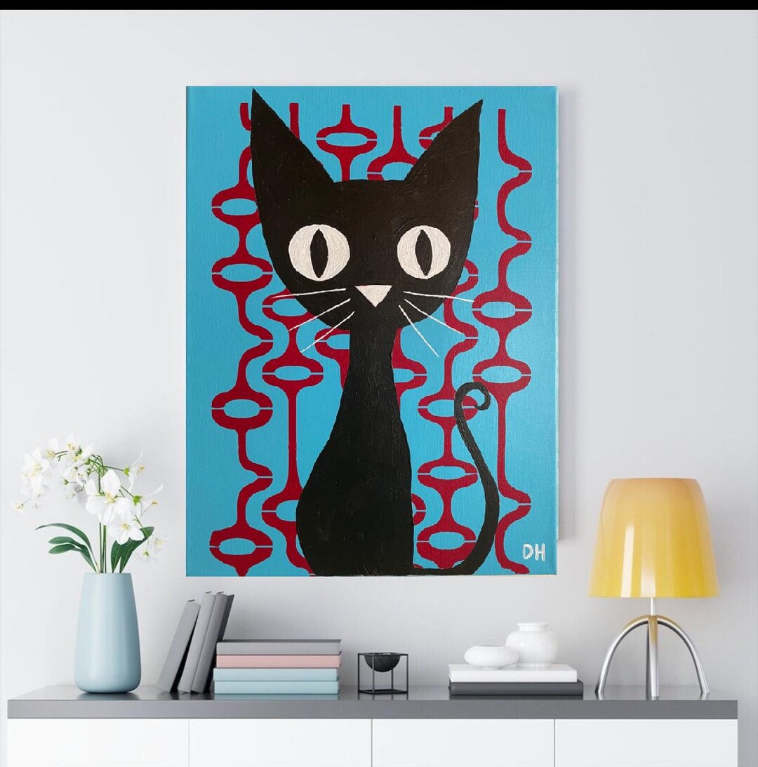 Mid Century Modern Art Atomic Cat Painting | Original Cat Painting ...