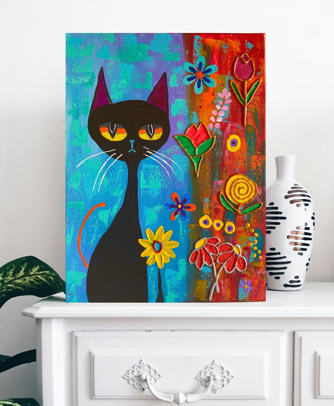 Mid Century Original Atomic Cat Painting Retro Cat Art Cat Lover Gift ...