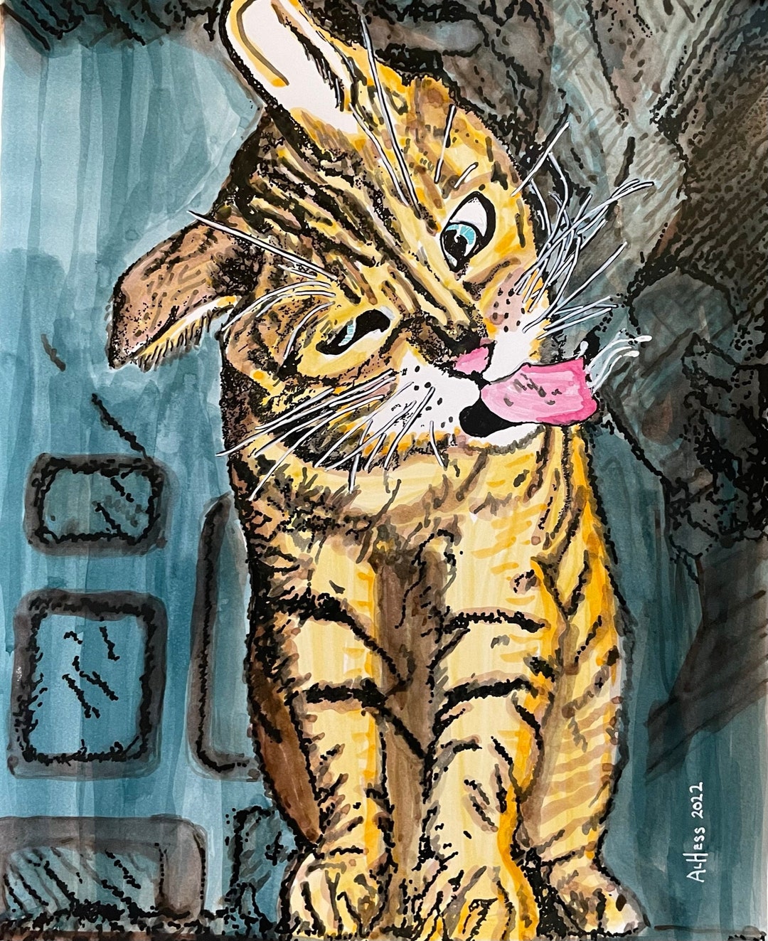 Original Pen & Ink Whimsical Cat Drawing. Original Art Pet Portrait ...