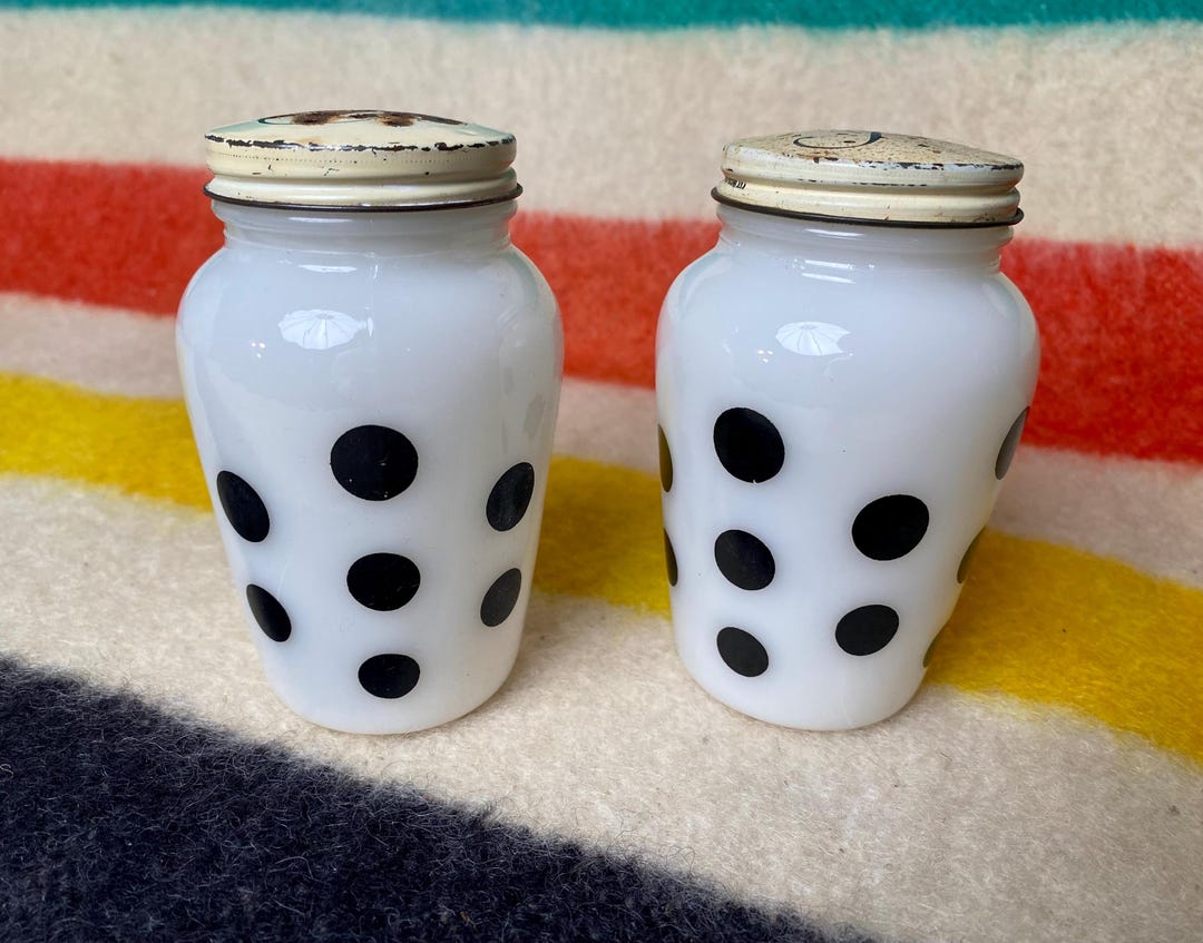 Vintage Rare Fire King Black Dot Salt and Pepper Shaker Set Mid Century ...