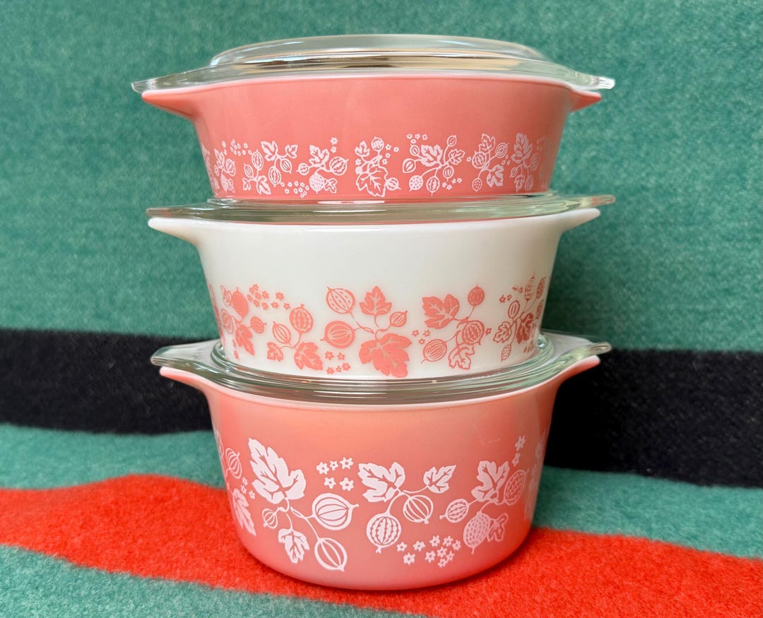 Vintage Pyrex Pink Gooseberry Casserole Dishes Complete W/ Lids 1950s ...