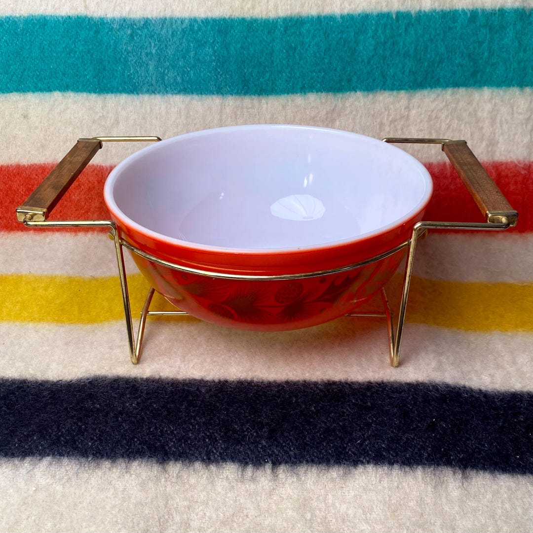 Vintage Pyrex 404 Red Golden Leaf Holly Pine Cone W/ Cradle Mid Century ...