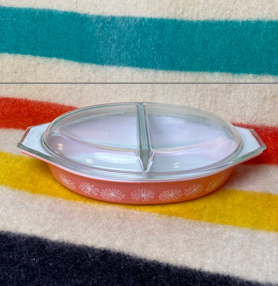 Vintage Pyrex Pink Daisy Divided 1 1/2 Quart Casserole With Lid 1950's ...