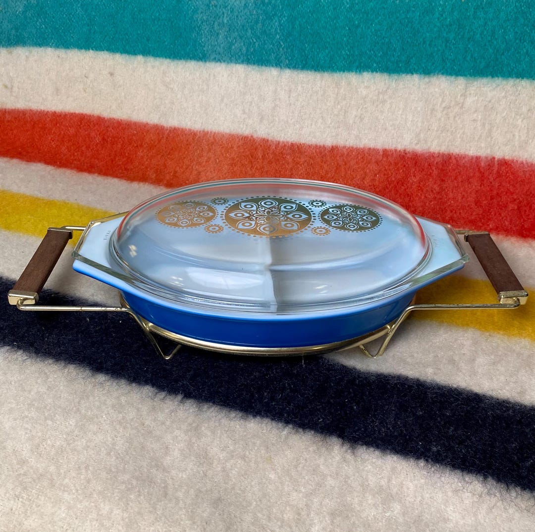 Vintage Pyrex Royal Blue Divided Casserole Dish W/ Cradle Promotional ...