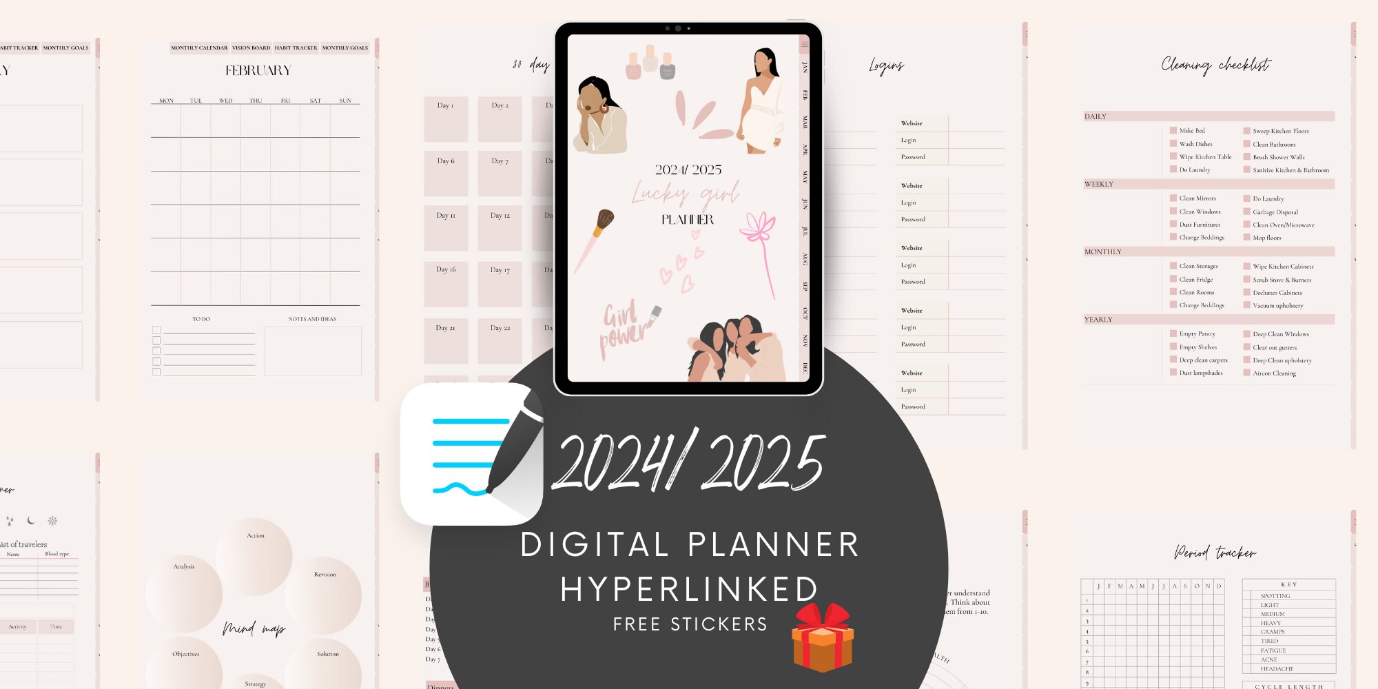 2024/2025 Digital Planner girly pink hyperlinked for GoodNotes with ...