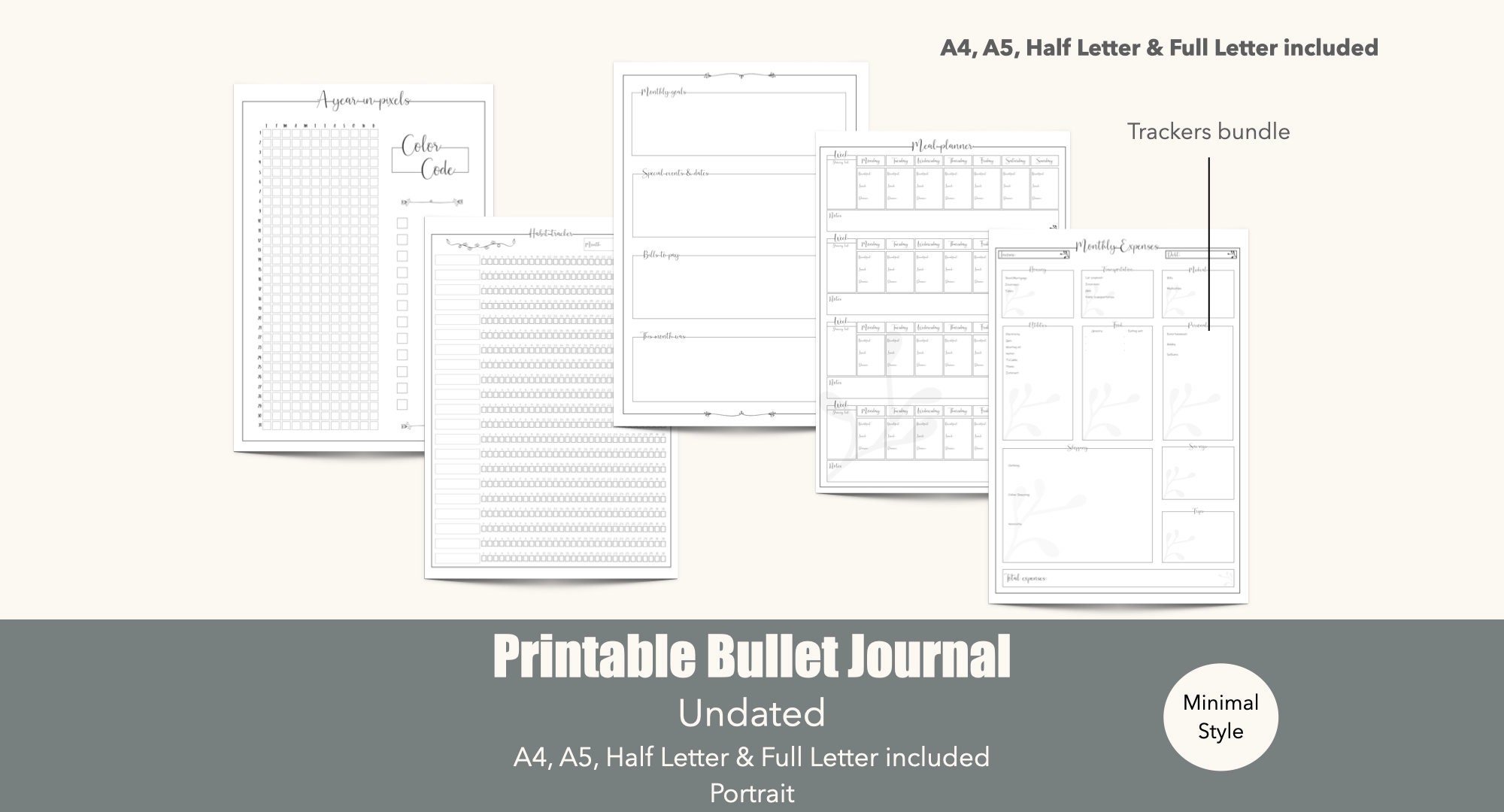 Printable Bundle Bullet Journal Undated. Minimal Style Bujo in Black ...