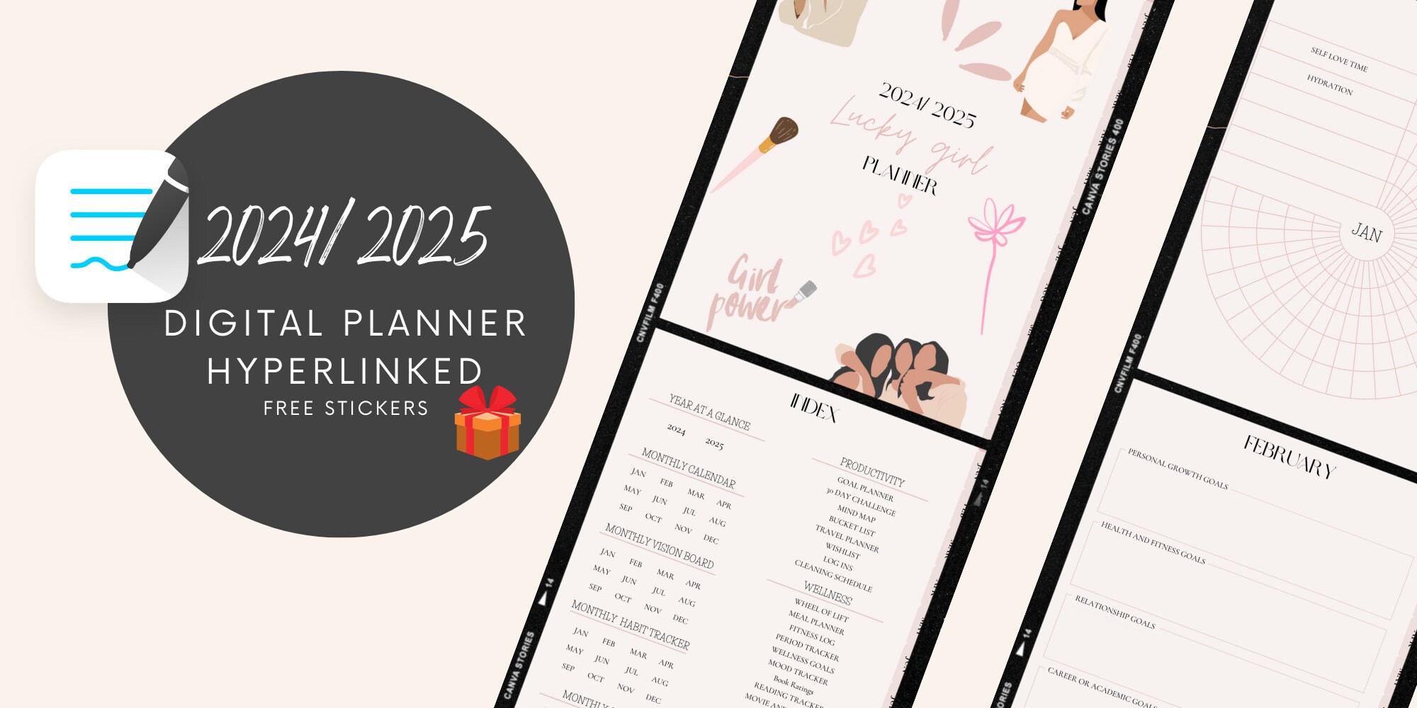 2024/2025 Digital Planner girly pink hyperlinked for GoodNotes with ...