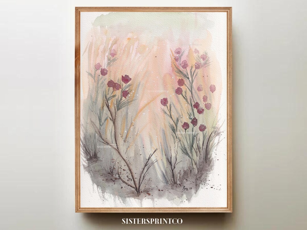 Abstract Wildflower Watercolor Art Print, Soft Green & Pink Floral Wall ...