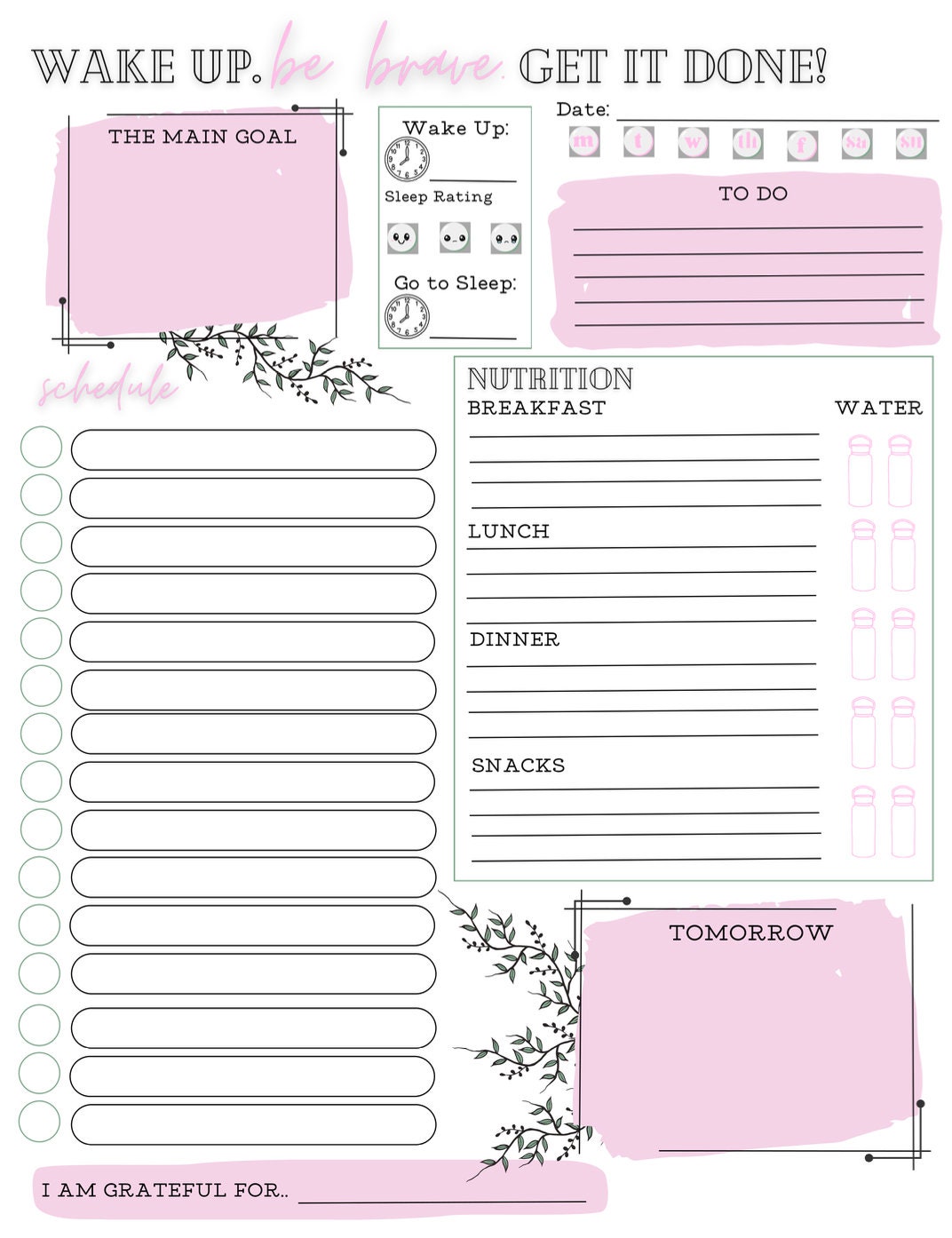 Printable Daily Planner rose Wake Up. Be Brave. - Etsy