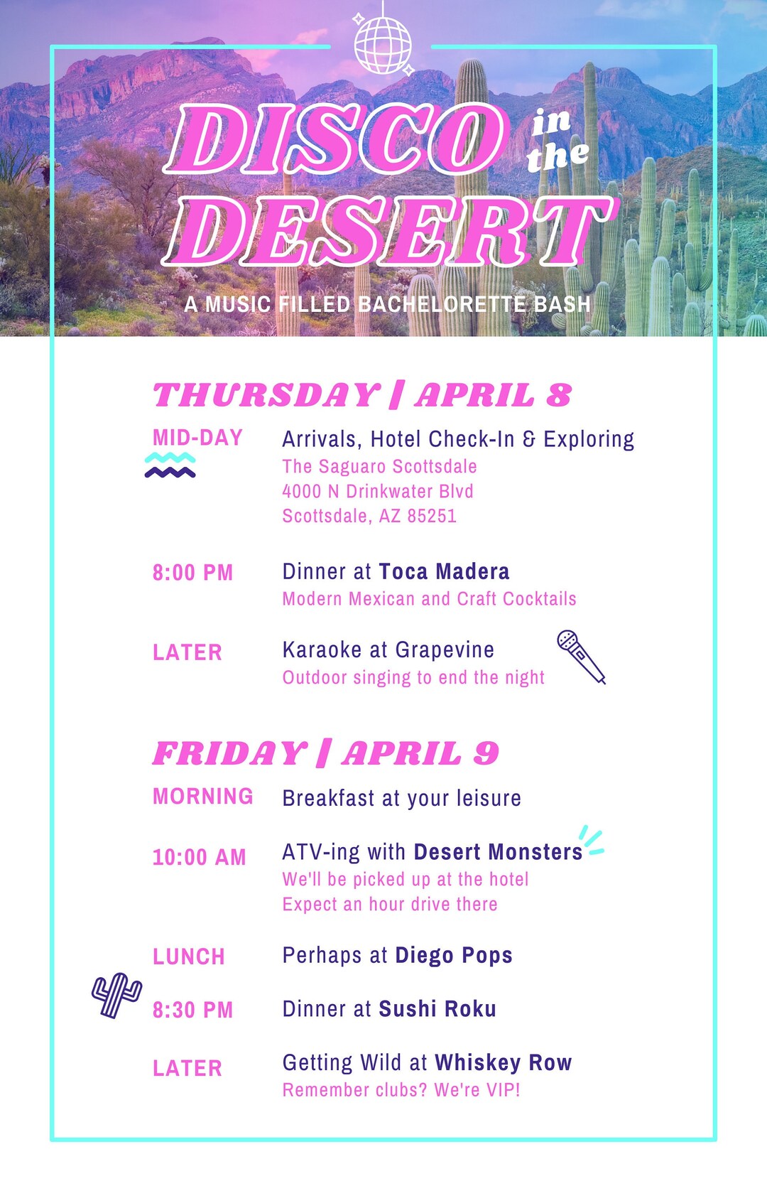 Disco in the Desert Itinerary Bachelorette Party Scottsdale Music ...