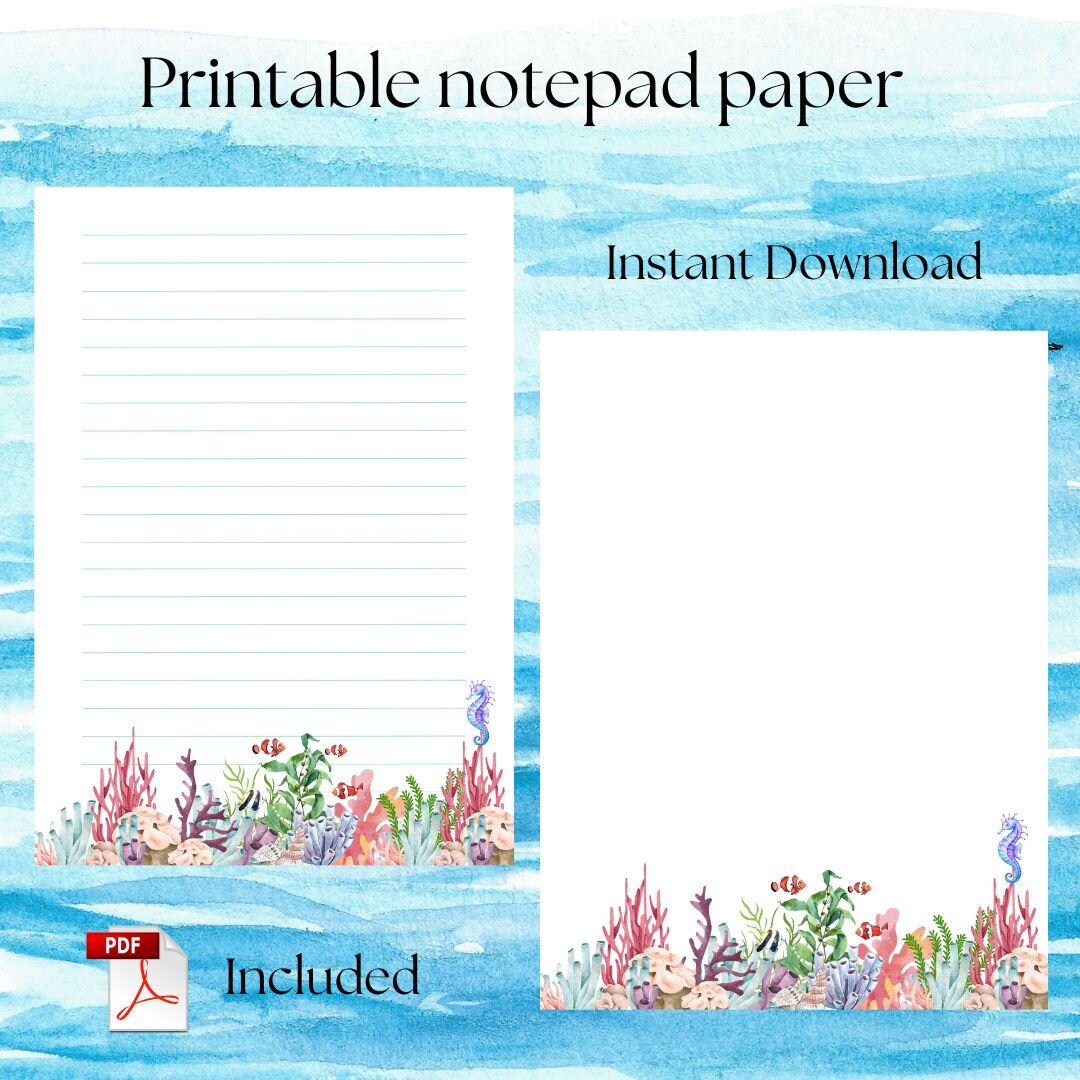 Ocean Themed Digital Stationery Printable Notepad Lined and Plain ...