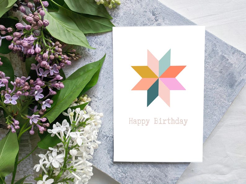 Pastel Happy Birthday Star Quilt Block Printable 5x7 Greeting Card for ...