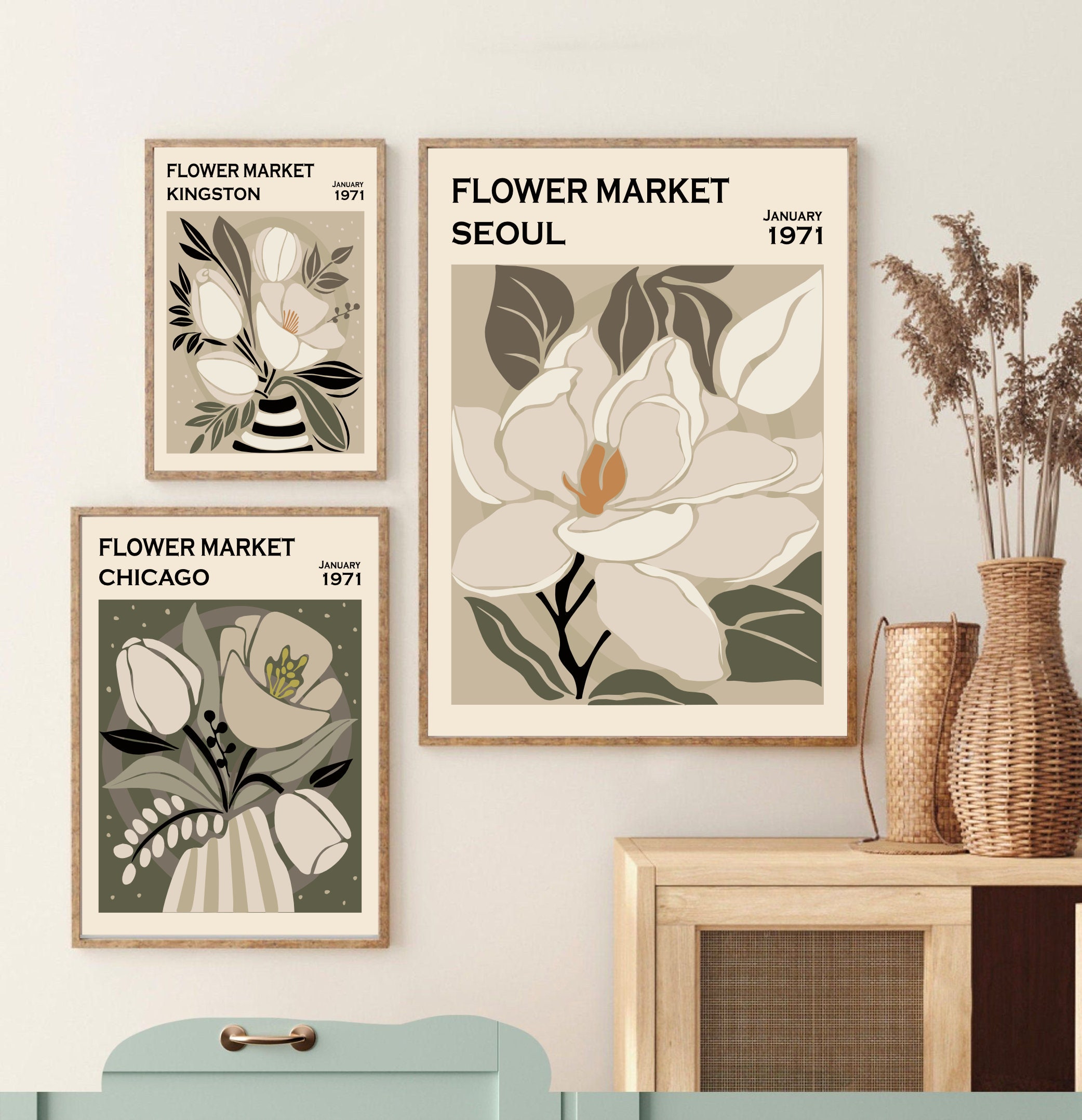 Flower Market Poster Set of 3 Printable Triptych Wall Art Retro Posters ...