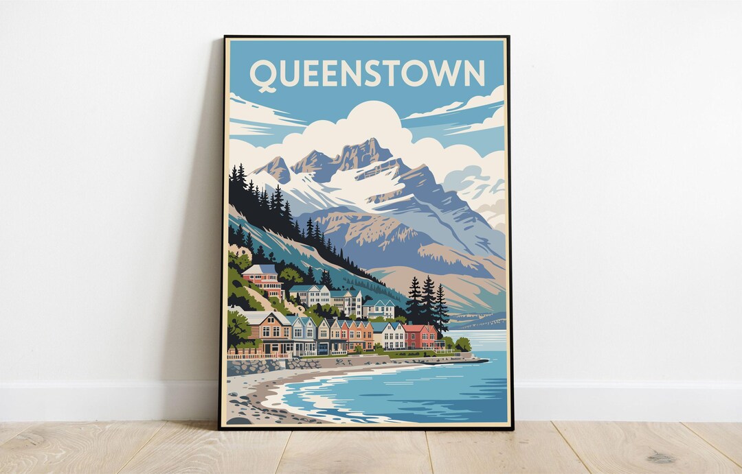 Queenstown New Zealand Travel Poster: Retro Mid-century Modern ...