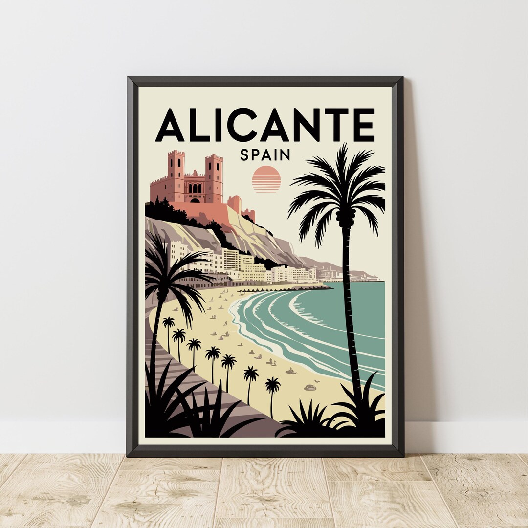 Alicante Travel Poster | Retro Linocut Print | Castle & Beaches Wall ...