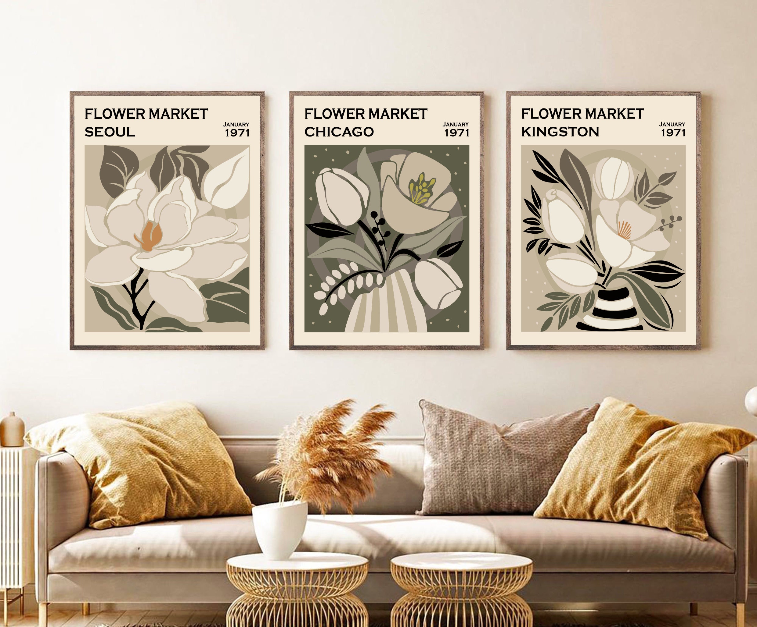 Flower Market Poster Set of 3 Printable Triptych Wall Art Retro Posters ...