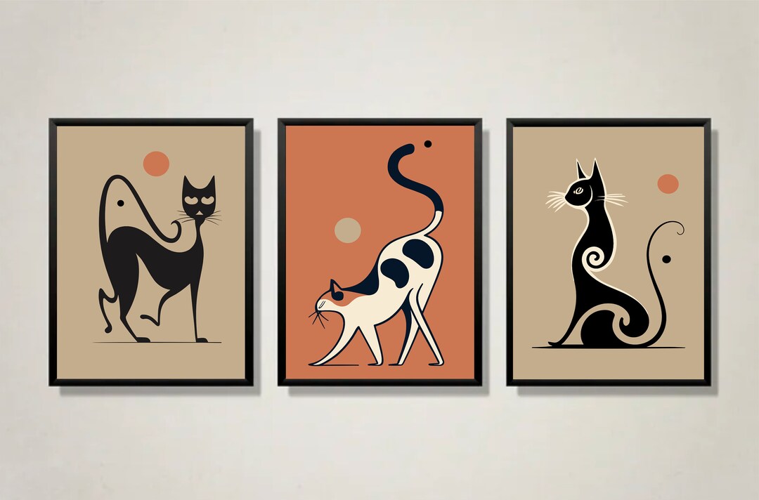 Atomic Cat Retro Posters Set Printable Mid Century Modern Wall Art 3 ...