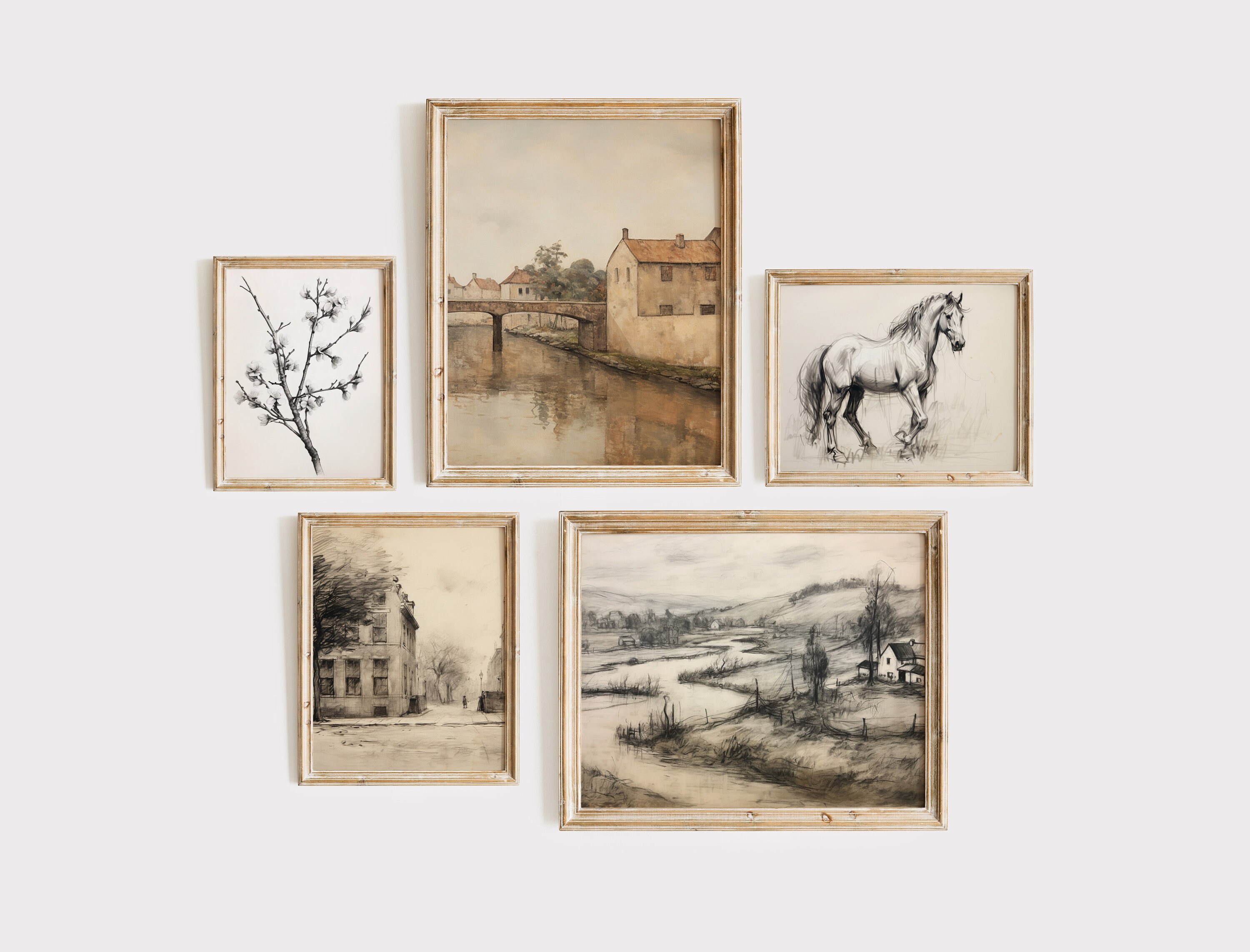 Pencil Sketch Antique Wall Art Set of 5 | Hand Drawn Gallery Fine Wall ...