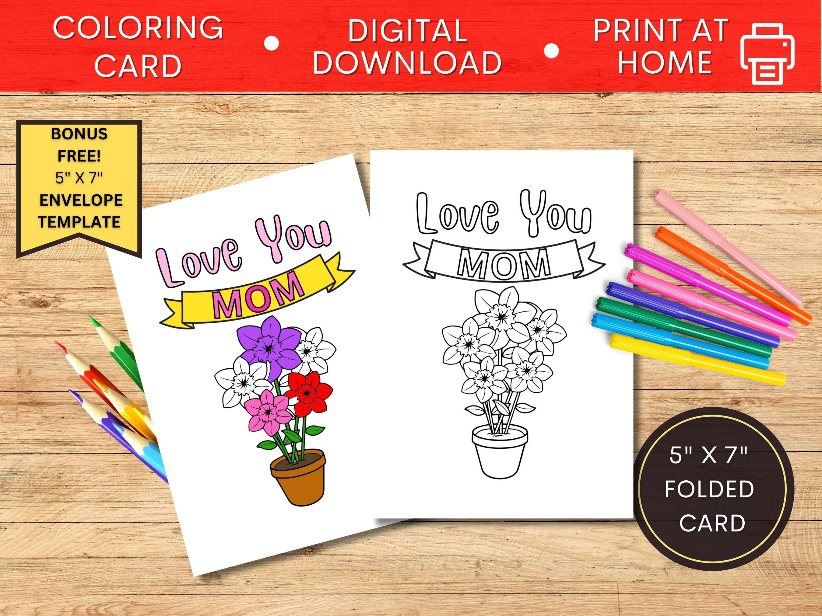 Printable Mothers Day Card, Digital, Mothers Day Coloring Card, Happy ...