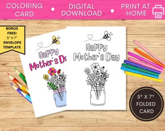 Printable Mothers Day Card, Digital, Mothers Day Coloring Card, Happy ...