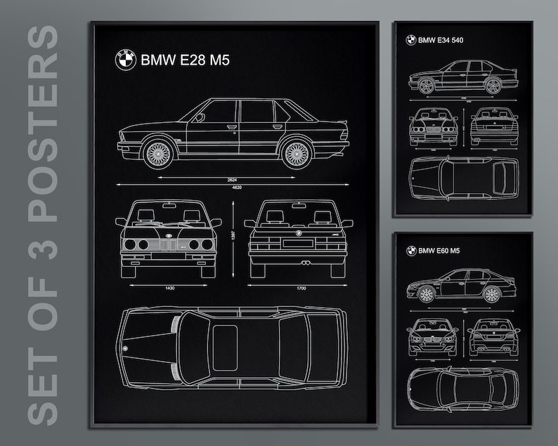 Set of 3 BMW 5-series Blueprint Posters. E28 E34 E60. Resizable ...