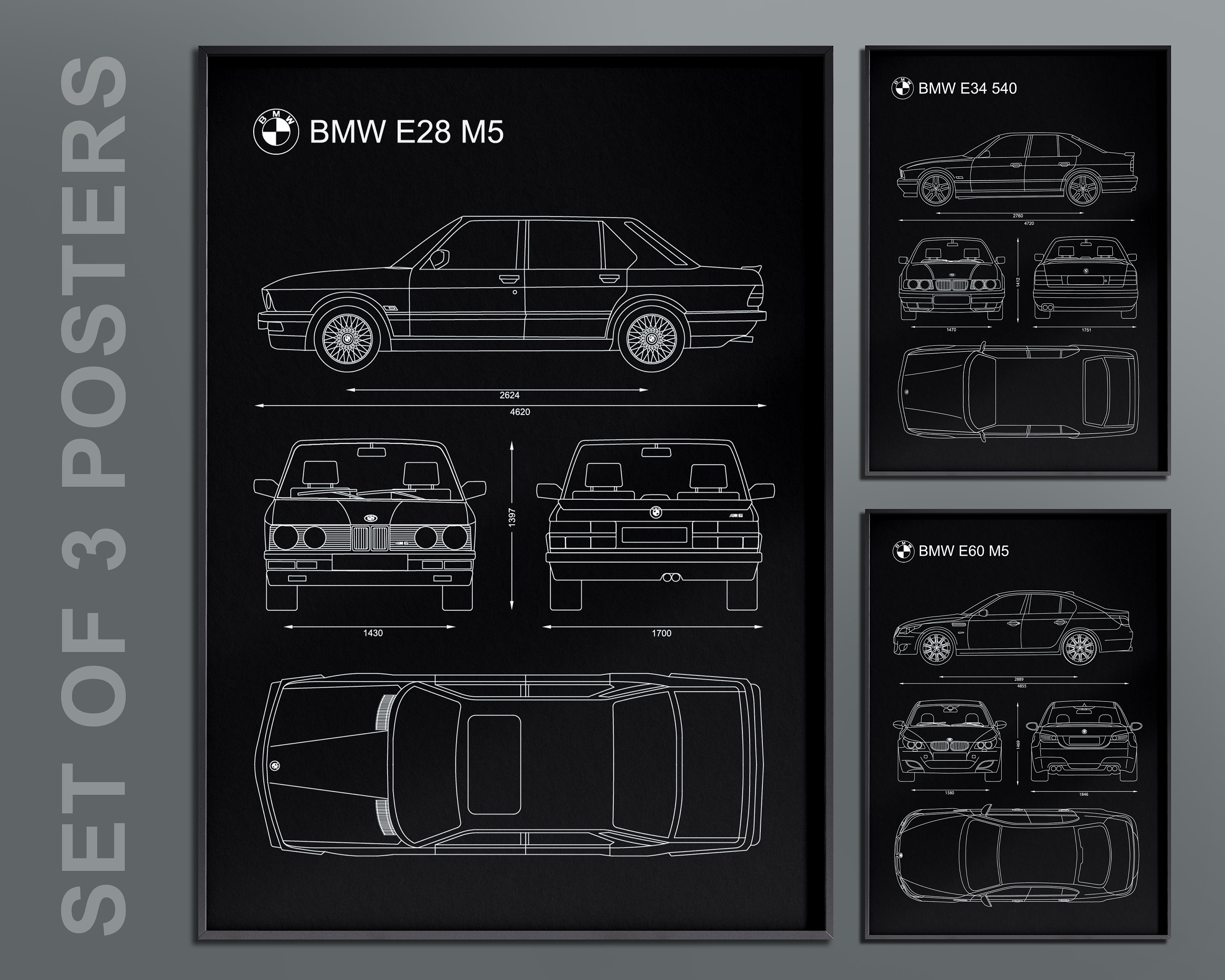 Set of 3 BMW 5-series Blueprint Posters. E28 E34 E60. Resizable ...