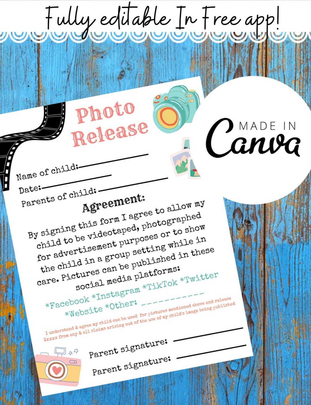 Photo Release for Daycare, Preschool, Babysitting or School Function ...