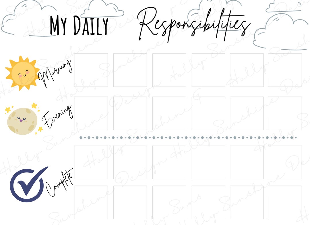 Kids Daily Responsibilities Chart, Printable Daily Routine, Chore Chart ...