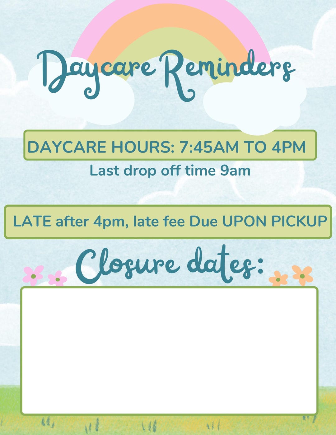Childcare/daycare Reminder Poster of Closing Time, Closed Times, Days ...