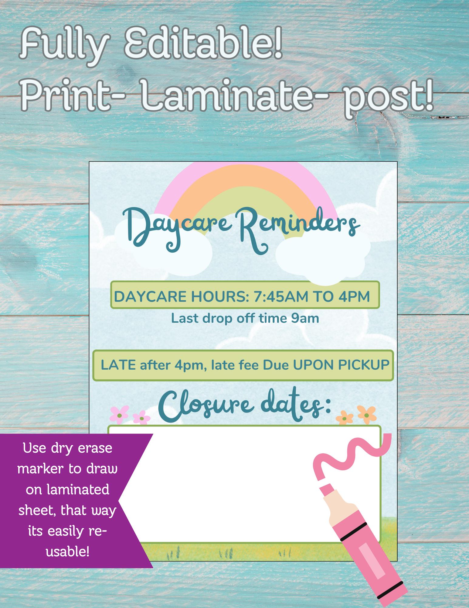 Childcare/daycare Reminder Poster of Closing Time, Closed Times, Days ...