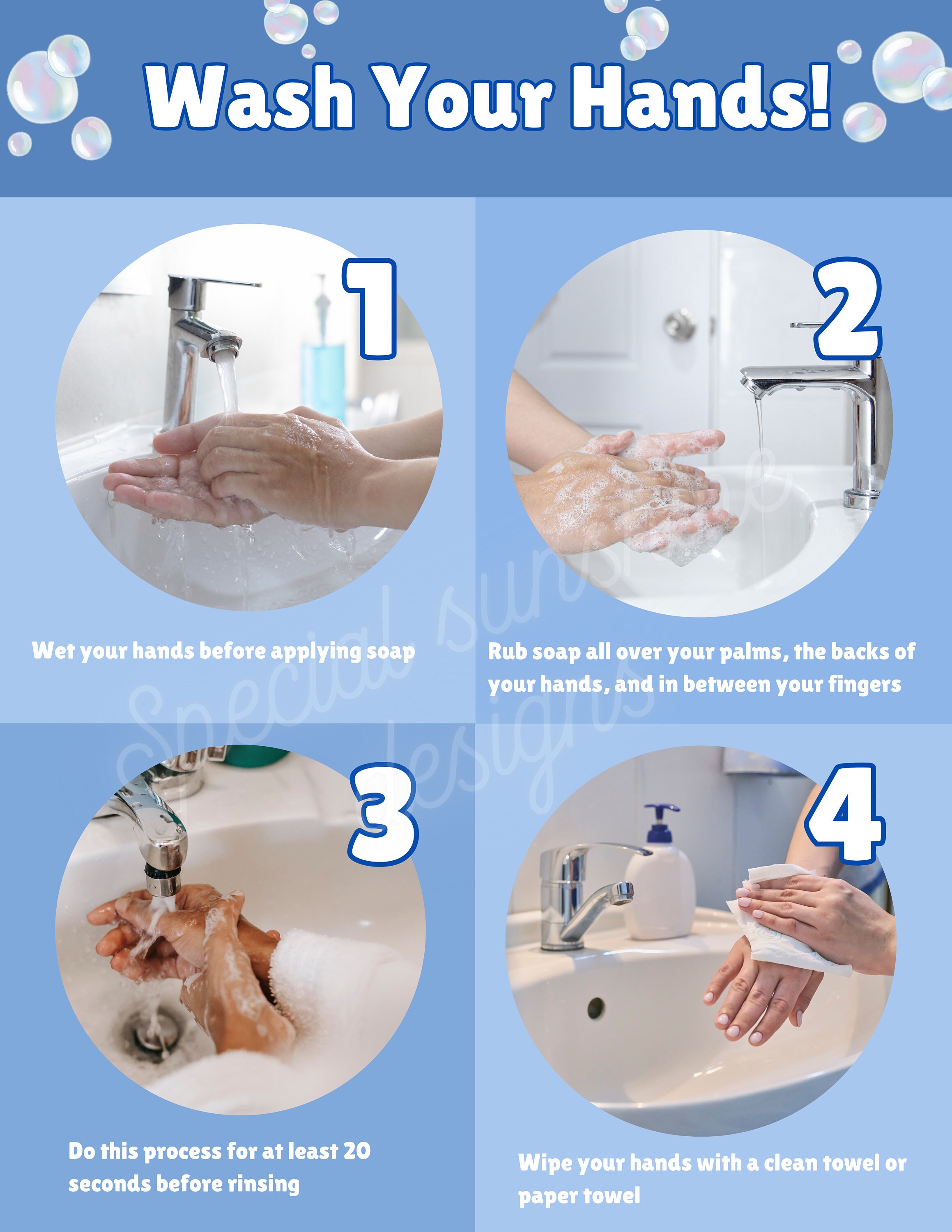 Wash Your Hands Printable, Learn to Wash Your Hands, Steps to Washing ...
