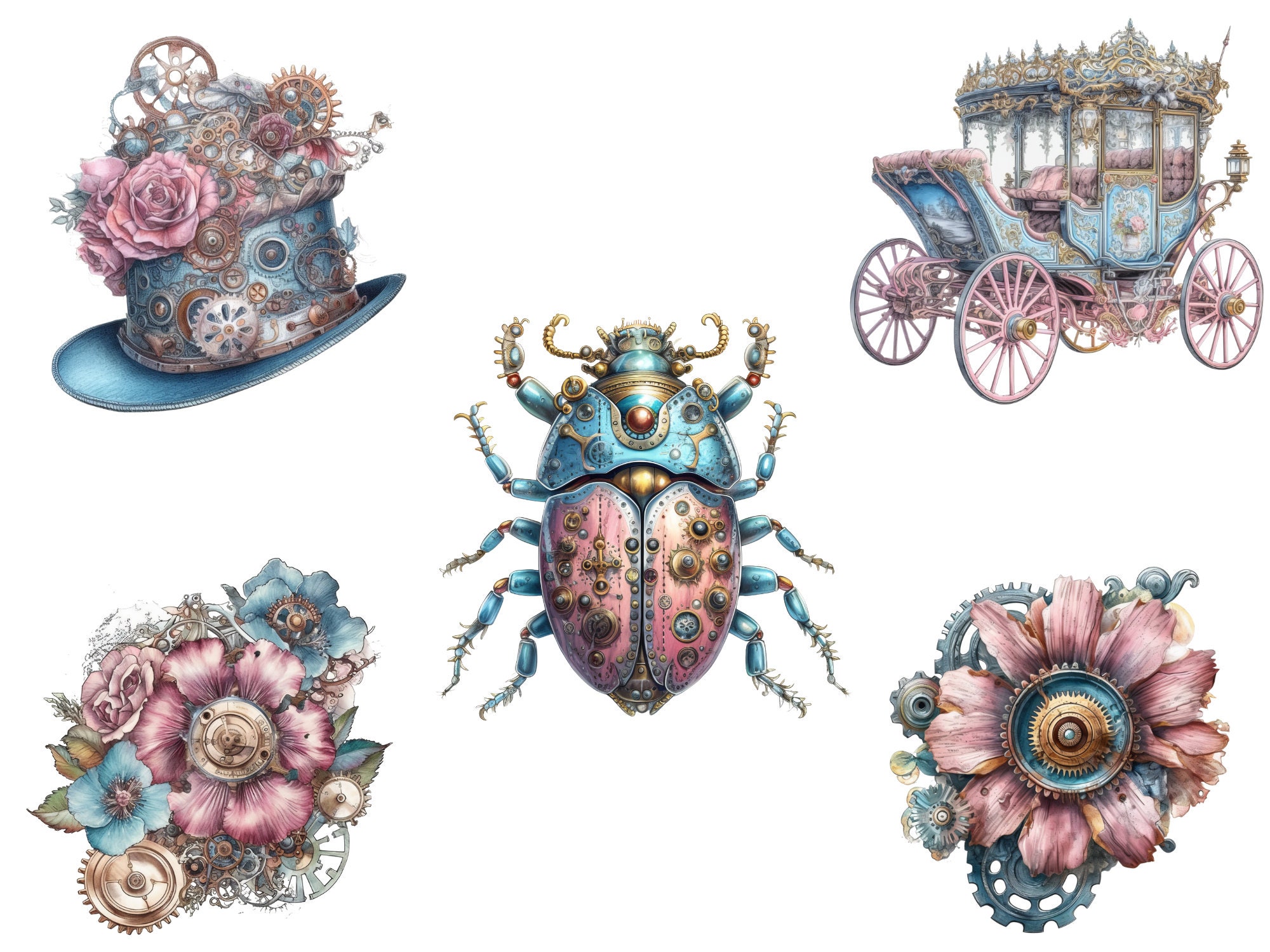 Watercolour Pastel Steampunk Clipart Victorian PNG Steampunk - Etsy