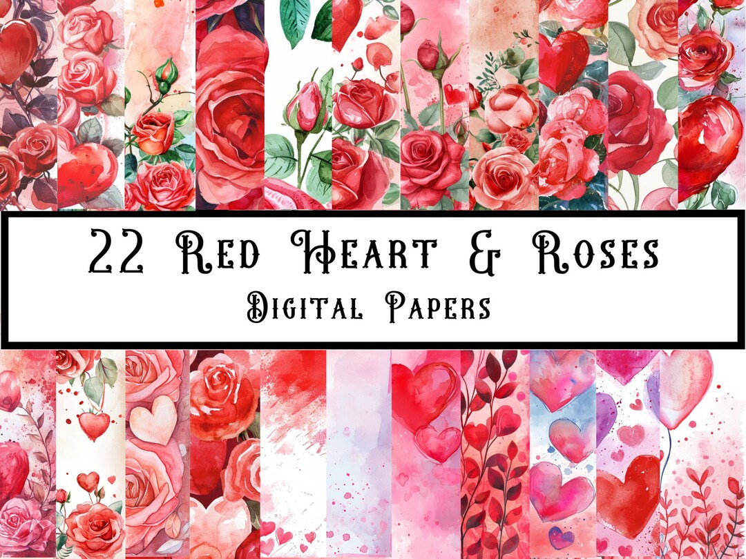 Red Heart & Roses Digital Paper, Valentine Digital Paper, Heart ...