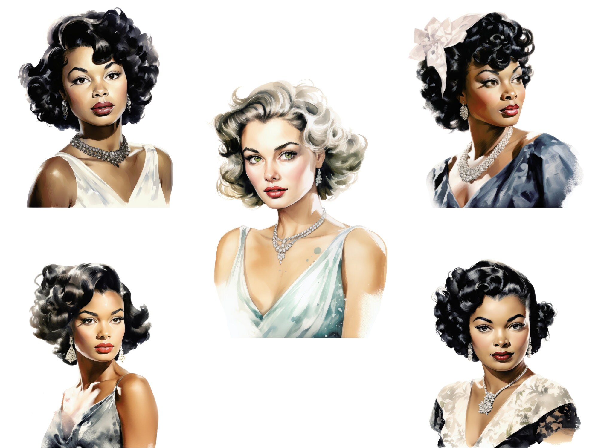 Watercolor Glamorous Women Clipart Bundle, 1950s Era Clipart, Vintage ...