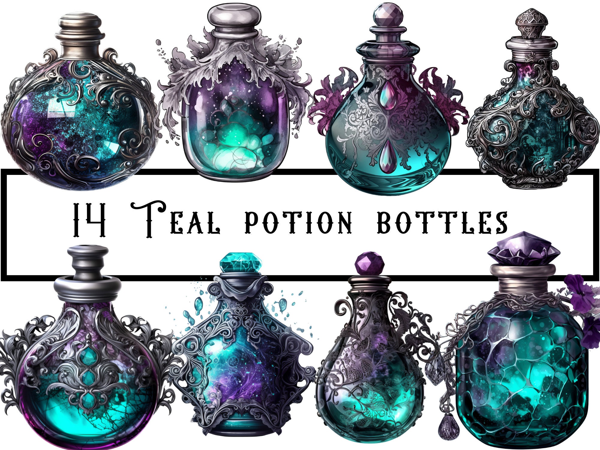 Teal Potion Bottles, Witchy Clipart, Potion Bottles, Magic Potion, Teal ...