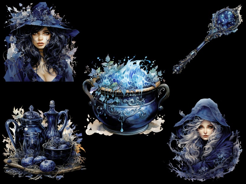 Watercolor Blue Witch Clipart Bundle, Witchy Clipart, Celestial Clipart ...